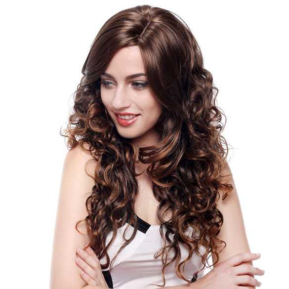 Pruik lang haar met krullen in bruinmix zonder pony - Mooie pruiken bij ...