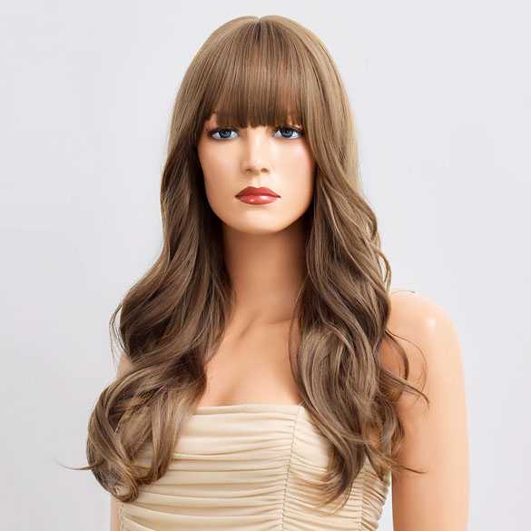 Pruik lang lichtbruin haar met grove slagen met pony model 13-1 - Mooie ...