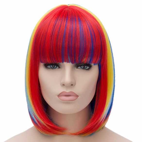 Carnaval pruik bob model regenboog kleuren - Mooie pruiken bij PruikenPlaza