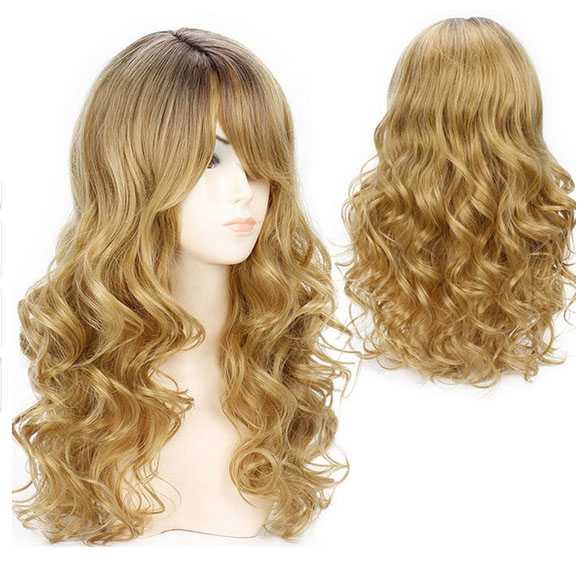 Pruik lang haar in honingblond met krullen en donkere roots - Mooie ...