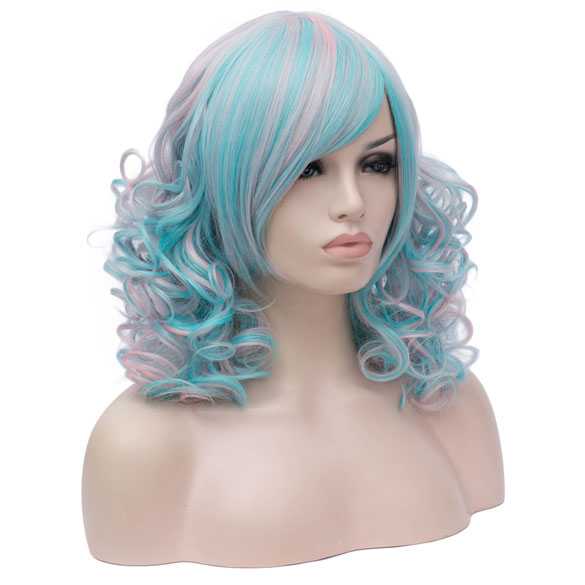 Carnaval pruik blauw roze schouderlang haar met krullen - Mooie pruiken ...