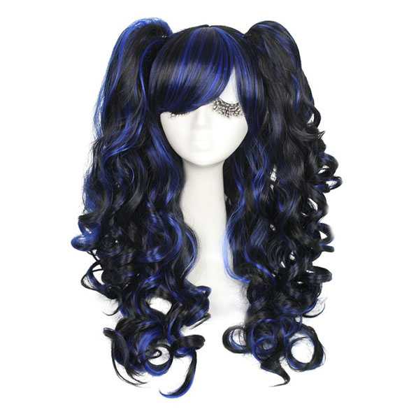Gothic cosplay pruik zwart blauw met 2 staarten op klem - Mooie pruiken ...