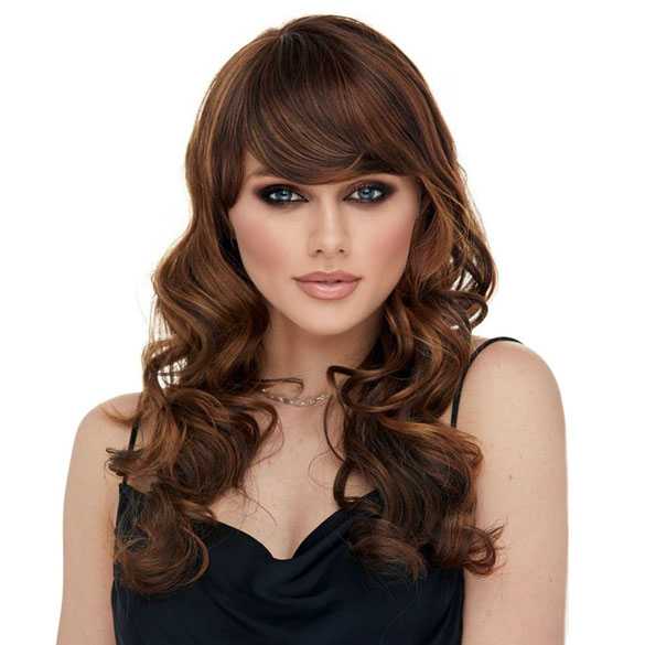 AANBIEDING : Luxe pruik lang krullend haar met pony model Jenna - Mooie ...